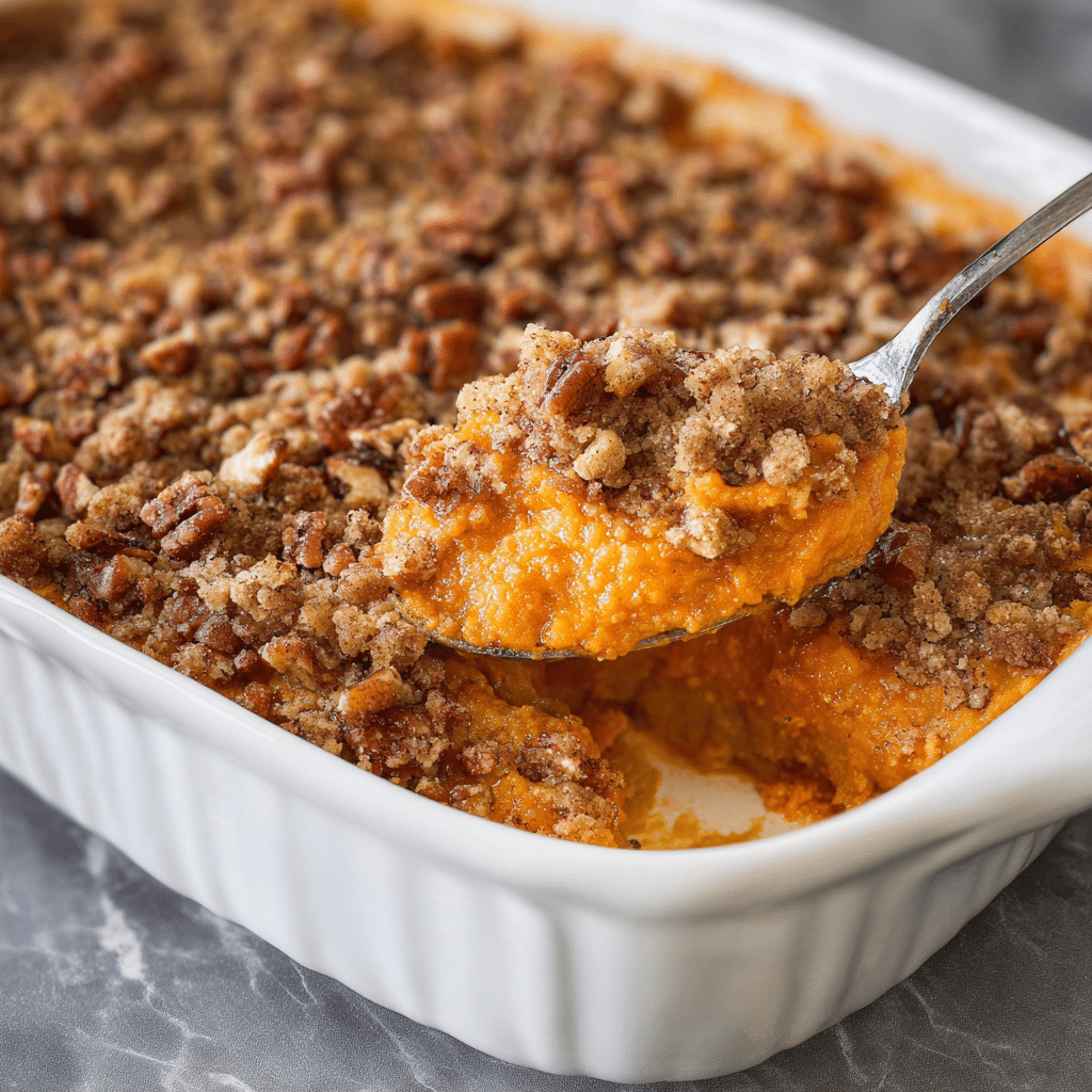 Sweet Potato Casserole with Pecan Crumble Topping - Eazy Dishes