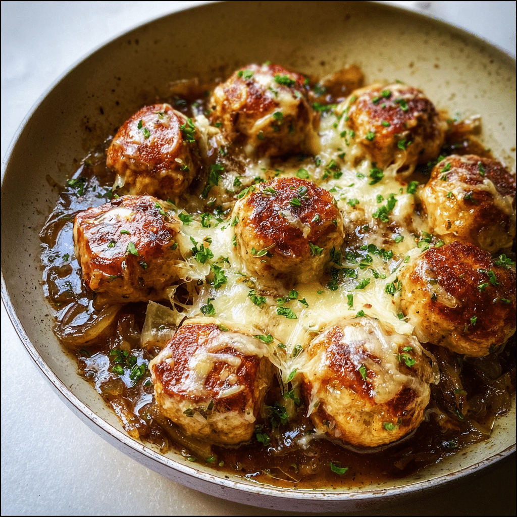 French Onion Chicken Meatballs with Gruyère Toast - Eazy Dishes